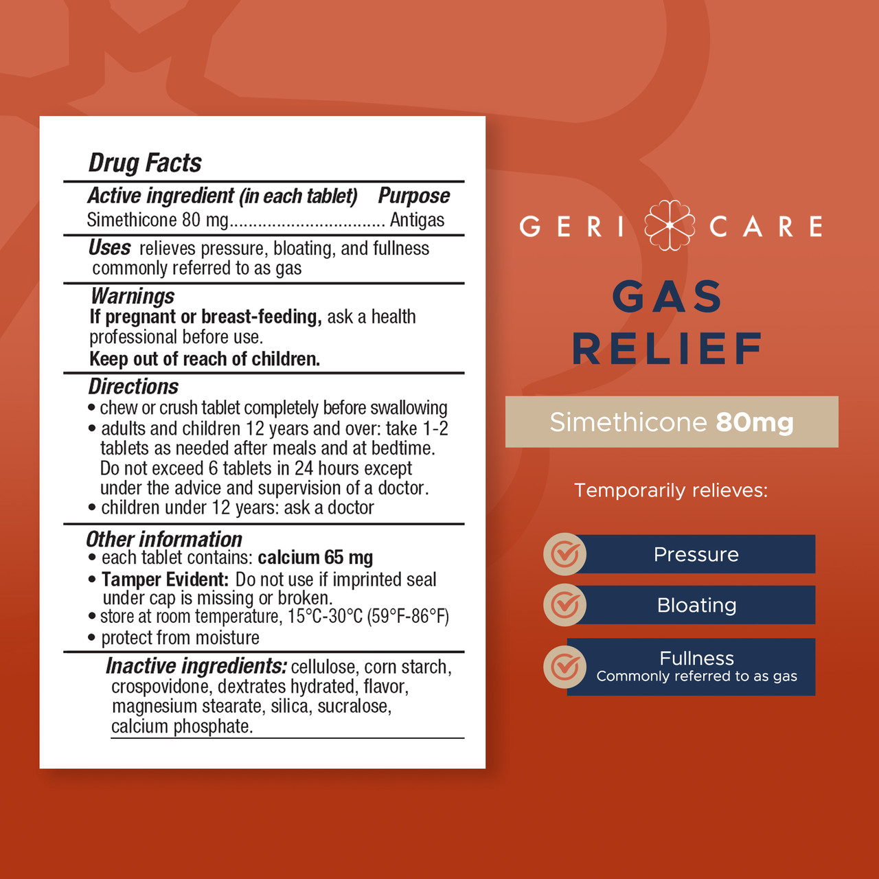 GeriCare Simethicone Chewable Gas-Relief Tablets 80mg (100 Tablets)