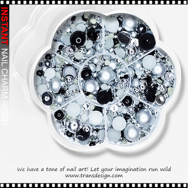 HALF BEAD PEARL & RHINESTONE Mixed 3-10mm Silvery & Black 7 Grids ...