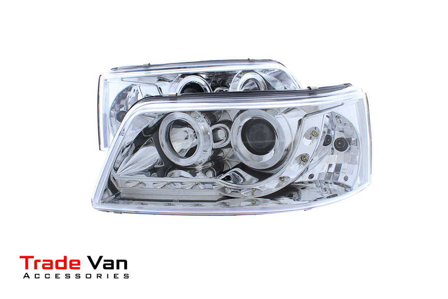 VW T5 LED DRL Headlights Chrome | T5 Headlights LED DRL