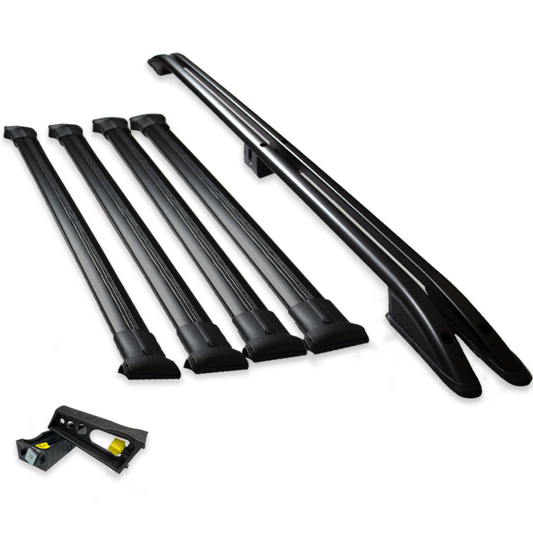 VW ID-Buzz SWB Roof Rail and 4 Cross Bar Rack Set Black with load stops ...