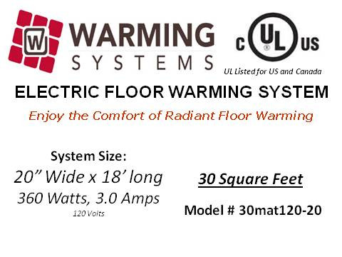 30 SQUARE FOOT MAT SYSTEM WITH THERMOSTAT, 120V - Warming Systems Inc.