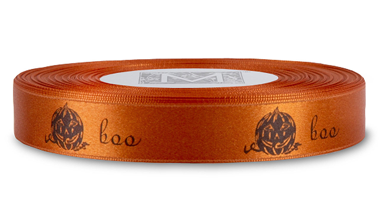 Black "Boo" on Mandarin Ribbon - Halloween Orange Ribbon