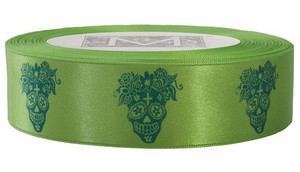 Day of the Dead - Aqua ink on Kaffir Ribbon - Double Faced Satin Symbols