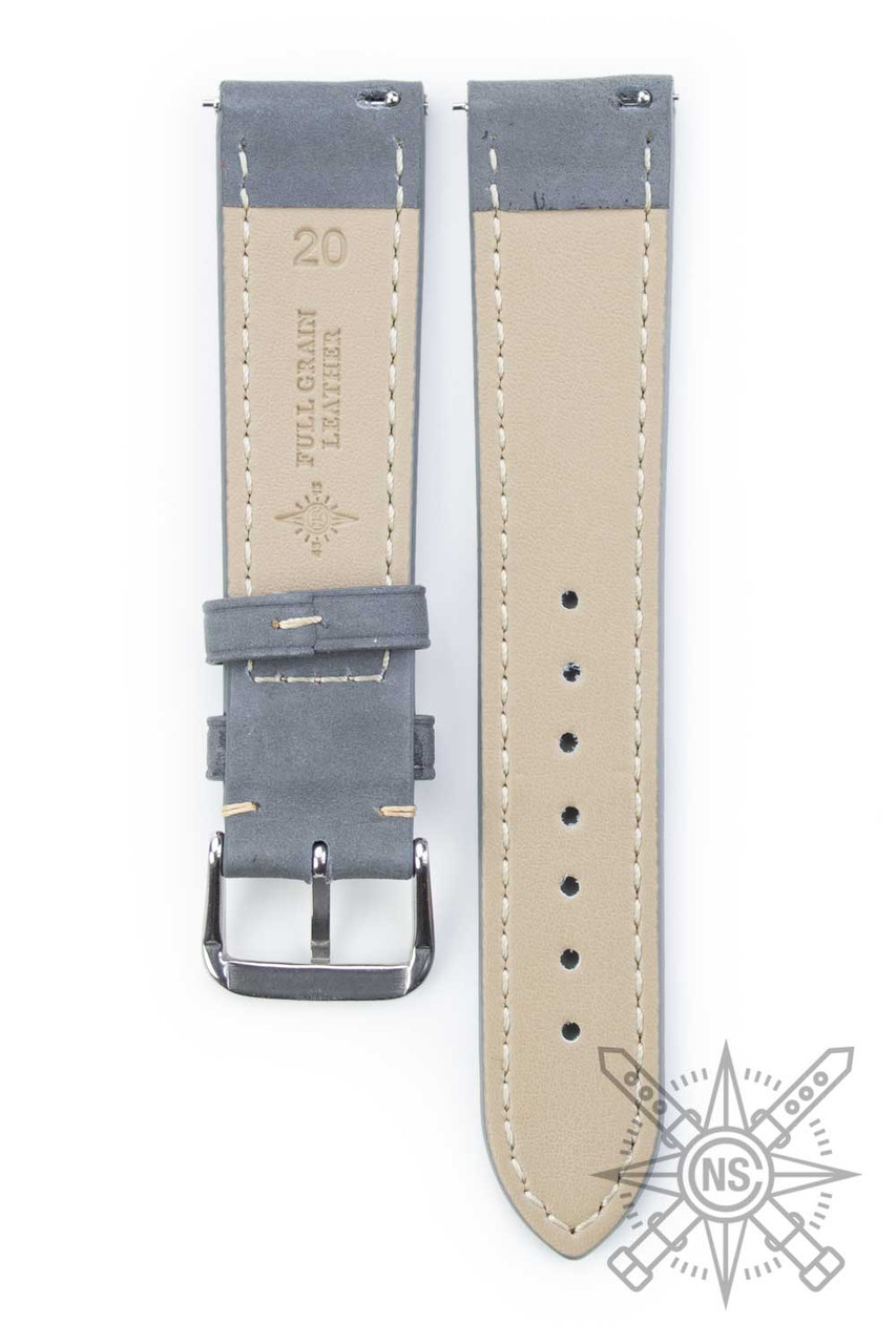 Gray Leather Watch Band – Classic White Stitch Style