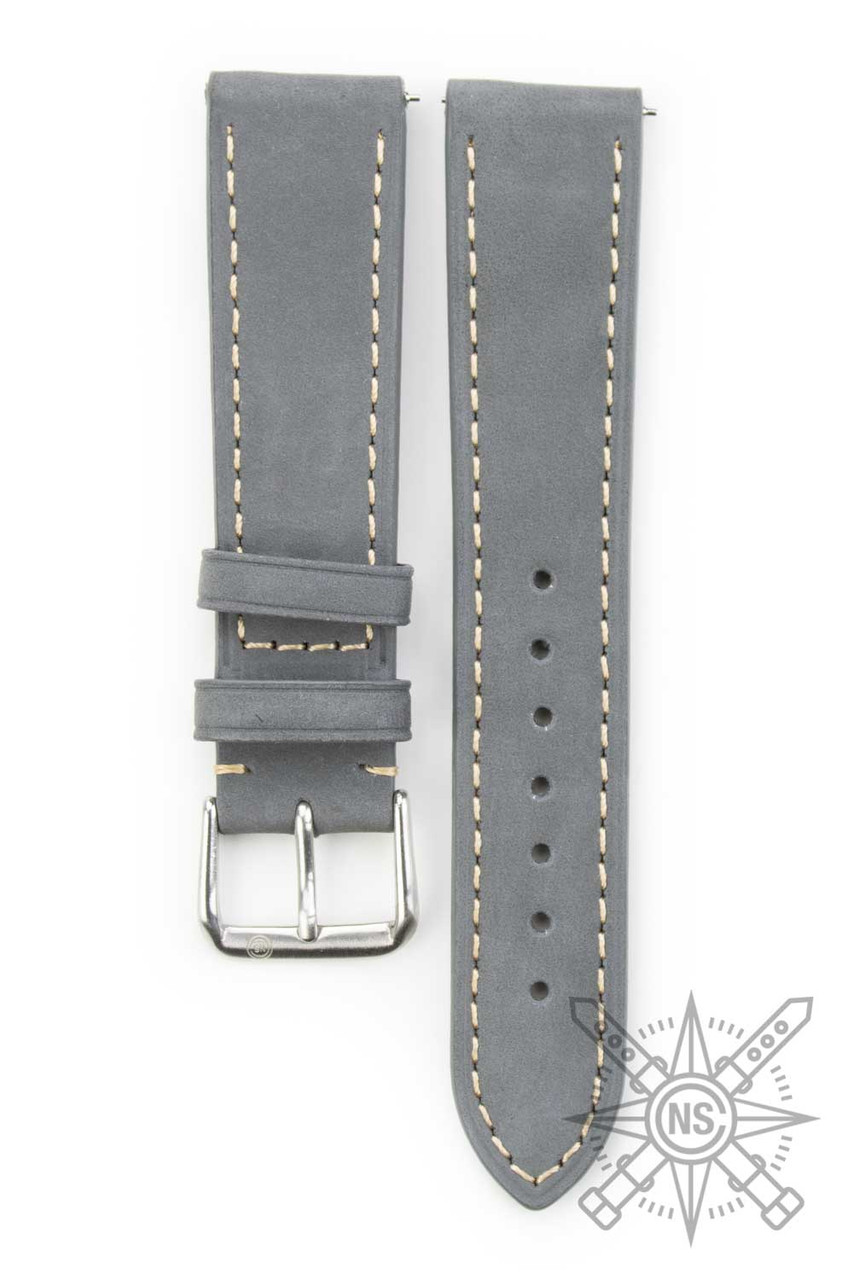 Gray Leather Watch Band – Classic White Stitch Style