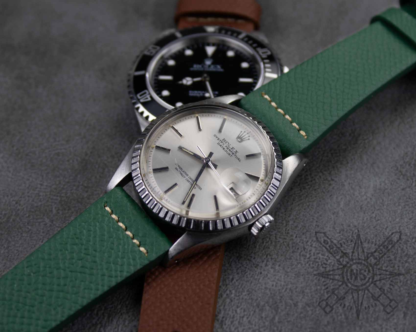 Rolex Datejust on a green leather watch strap - CNS Watch Bands