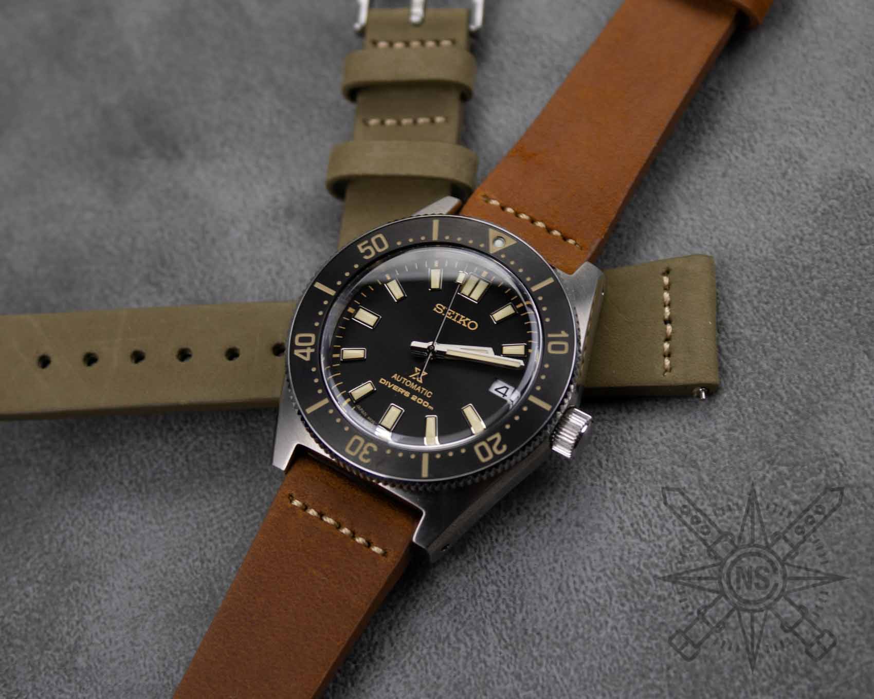 Seiko diver on a brown leather watch strap - CNS Watch Bands