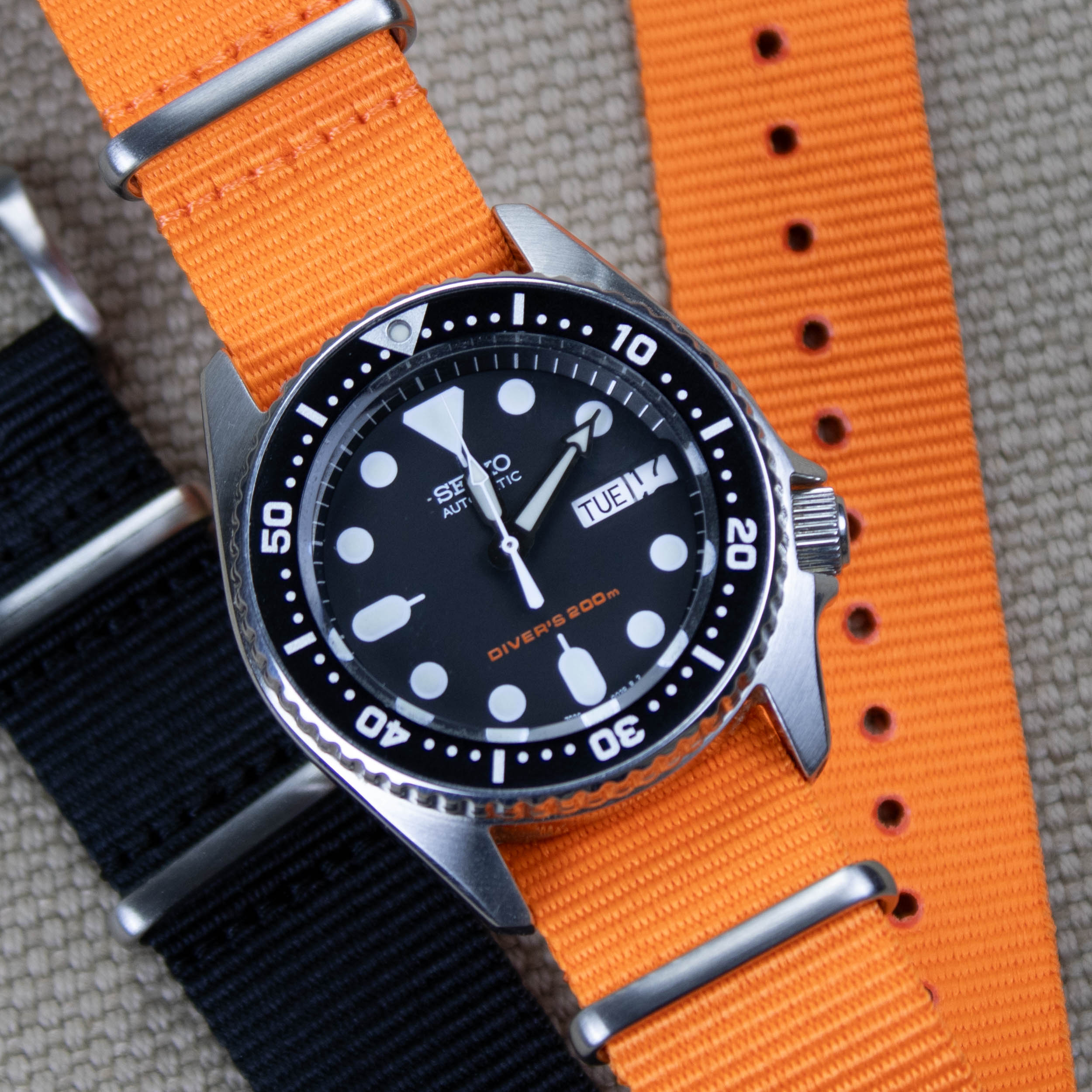 Seiko dive watch on a orange Original watch strap - CNS Watch Bands