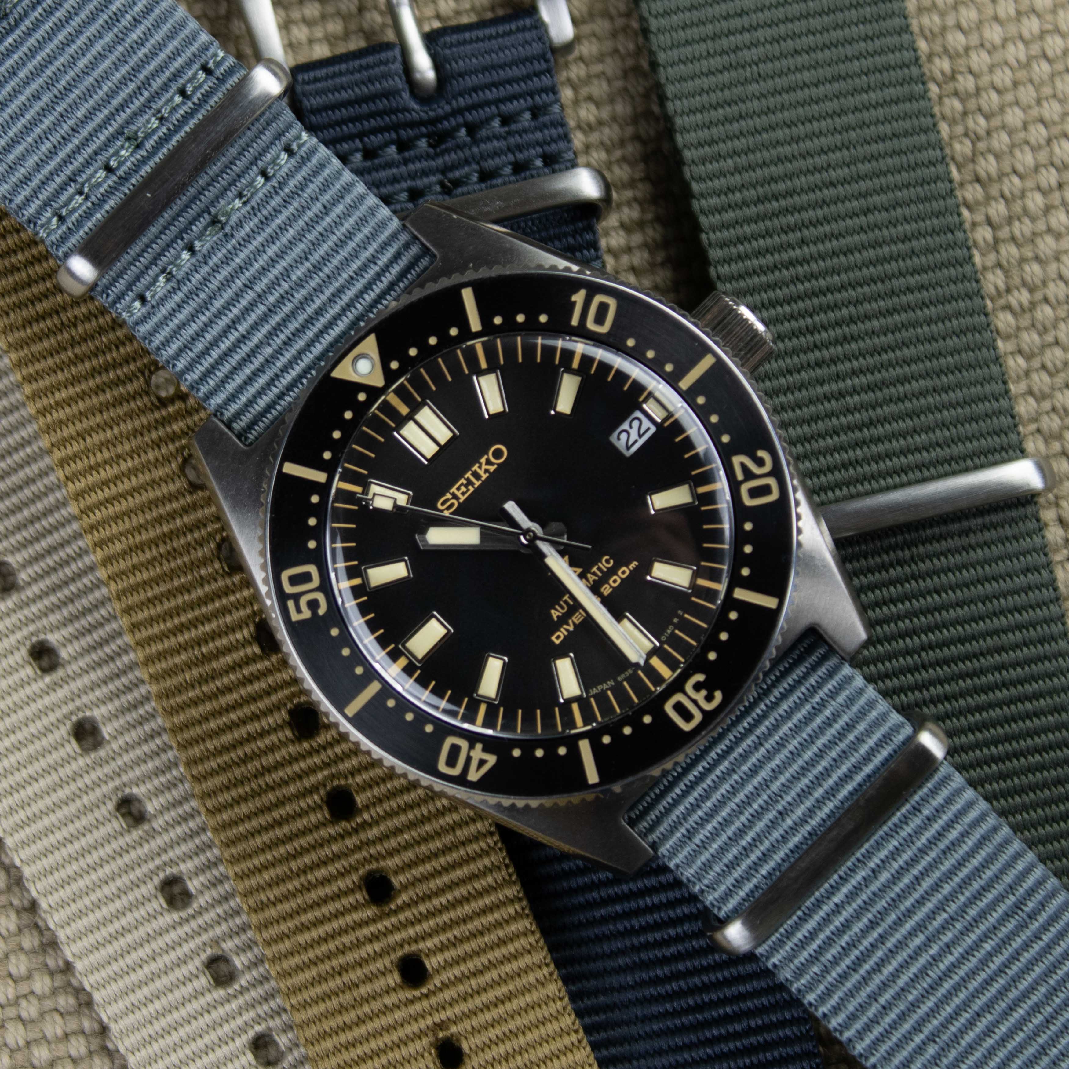 The Original strap in gray on a Seiko diver - CNS Watch Bands