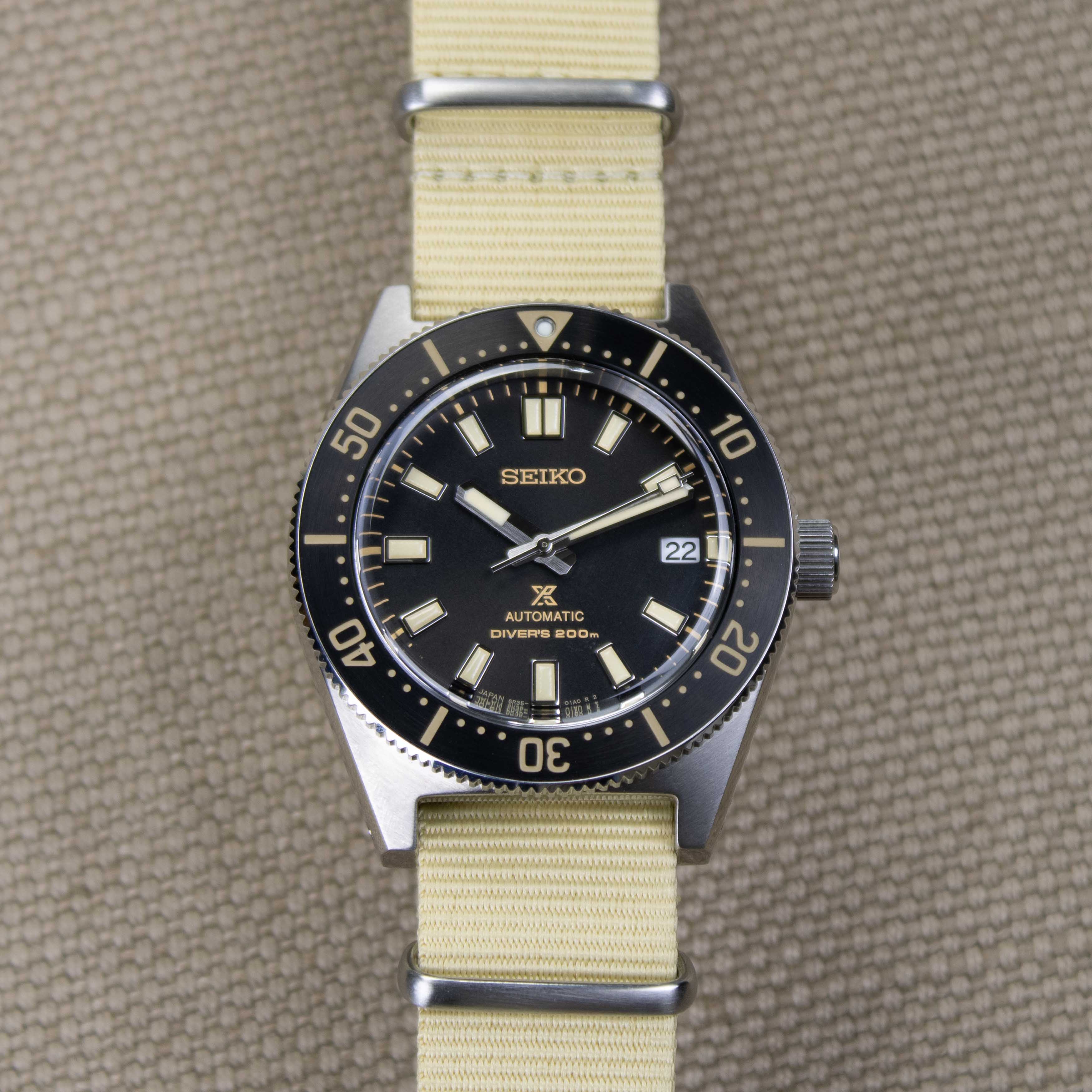 Seiko dive watch on a sand nylon watch strap - CNS Watch Bands