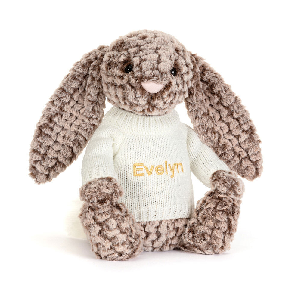 Bashful Luxe Bunny Pine with Personalised Cream Jumper - Official Jellycat