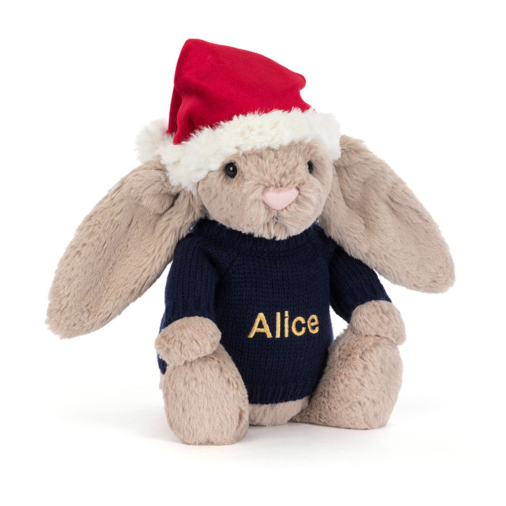 Bashful Christmas Bunny with Personalised Navy Jumper - Official Jellycat