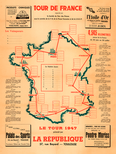 1947 Tour de France Map Poster