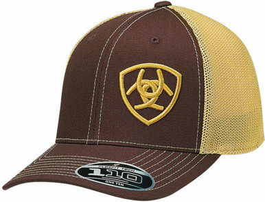 Ariat® Men's Brown & Gold Embroidered Offset Logo Mesh Snapback Flexfit ...