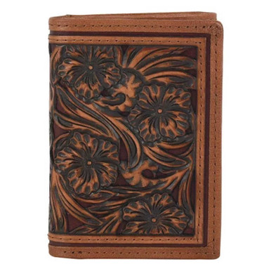 Tony Lama Men's Trifold Leather Tooled Floral Logo Brown Wallet Money Clip