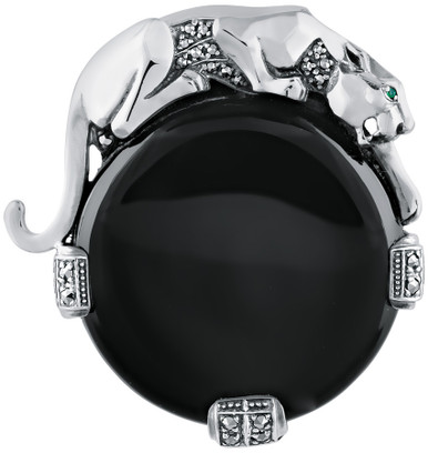 Onyx;marcasite and emerald set panther brooch (B361) - Corbell Silver Store