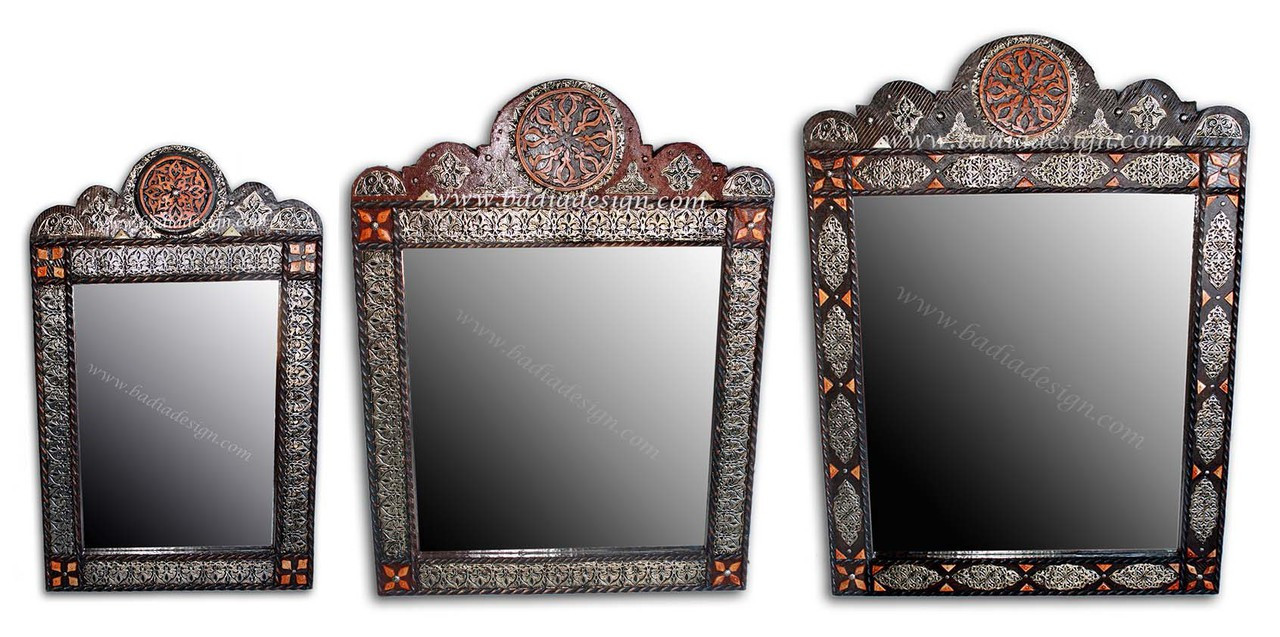Moroccan Round Top Metal and Bone Rectangular Shaped Mirror from Badia ...