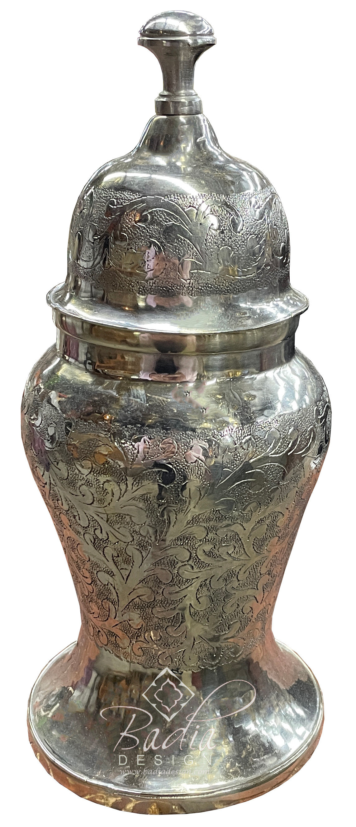Moroccan Small Engraved Silver Urn with Lid from Badia Design Inc.