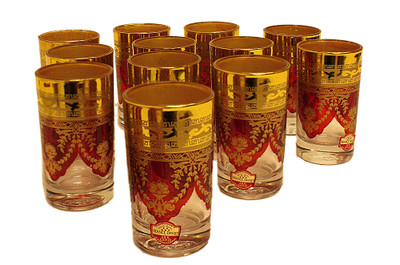 Moroccan Red Tea Glasses with Gold Floral Motif