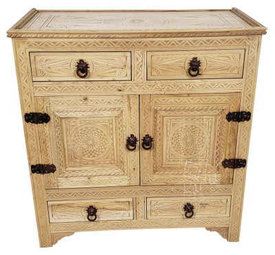 Unstained Moroccan Hand Carved Wooden Cabinet from Badia Design Inc.