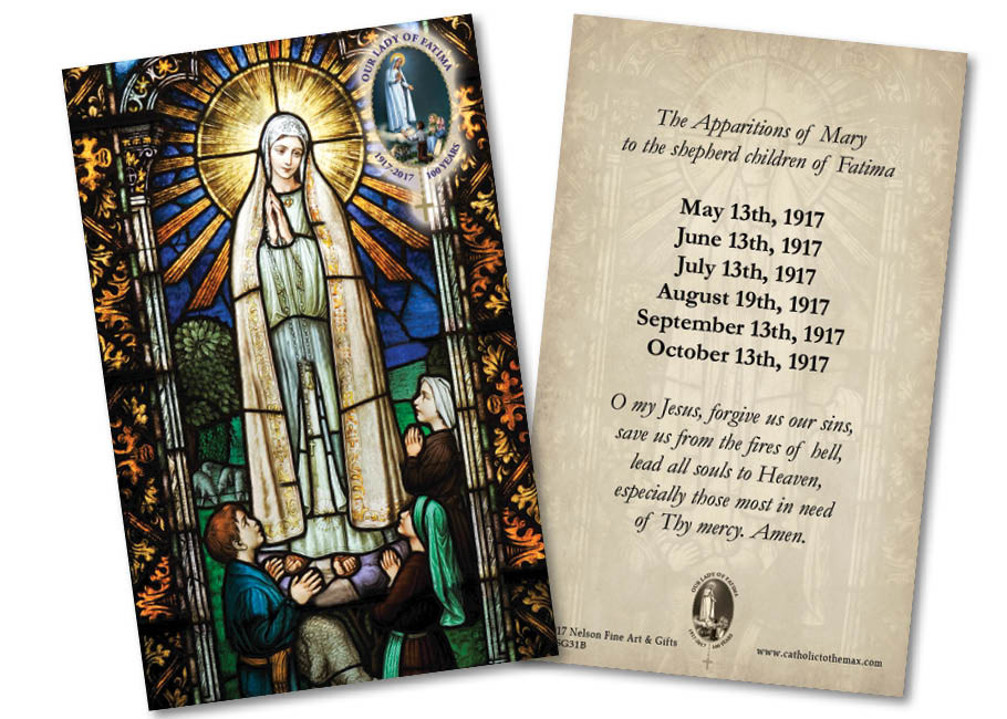 Our Lady of Fatima and the Shepherd Children Stained Glass Holy Card