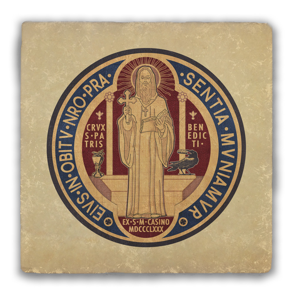 Benedictine Medal Back Tumbled Stone Coaster - Catholic to the Max ...