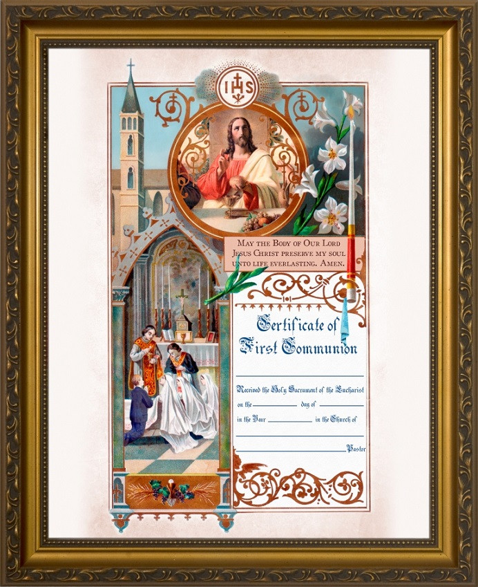 Traditional First Communion Sacrament Certificate with Priests in Gold ...