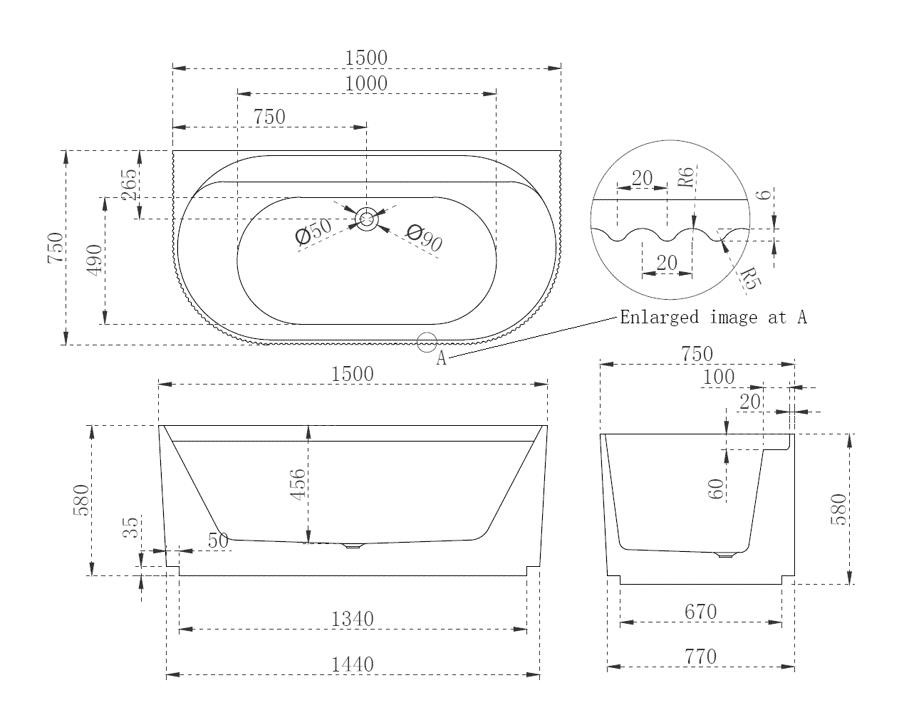 Buy Fluted - White Freestanding Bath 1500mm