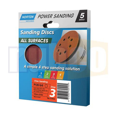 125MMX8HOLE P120 VELCRO BACKED SANDING DISCS 5PK - Nubco