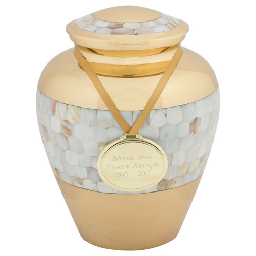 Mother of Pearl Wide Band Brass Cremation Urn for Ashes