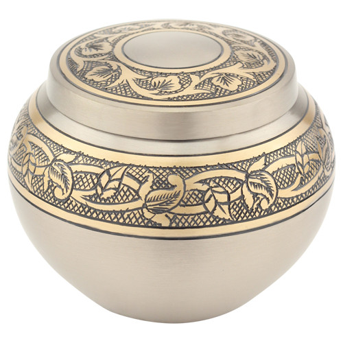 Pewter Engraved Round Keepsake Urn in Brass