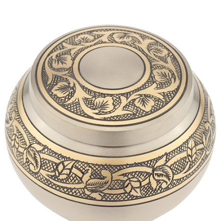 Pewter Engraved Round Keepsake Urn in Brass