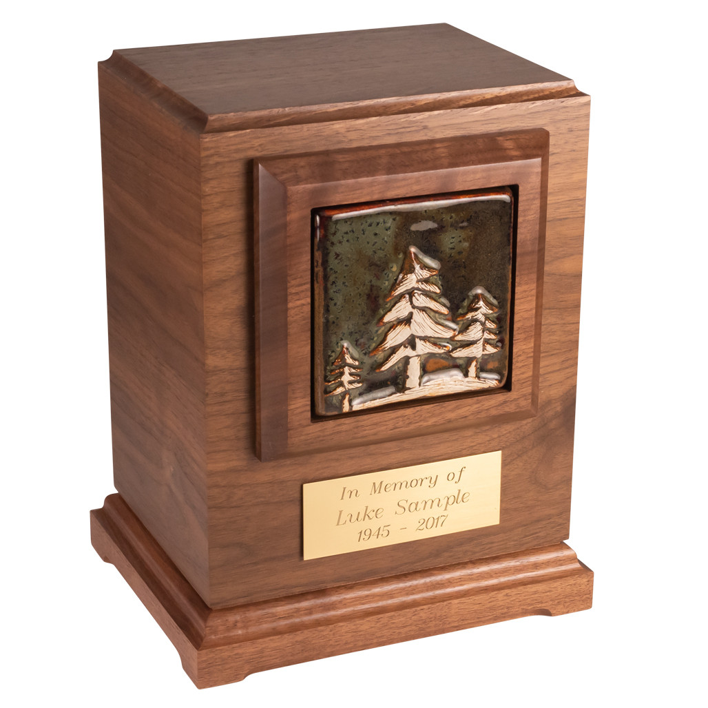 Forest | Wooden Cremation Urn for Ashes with Handmade Tile