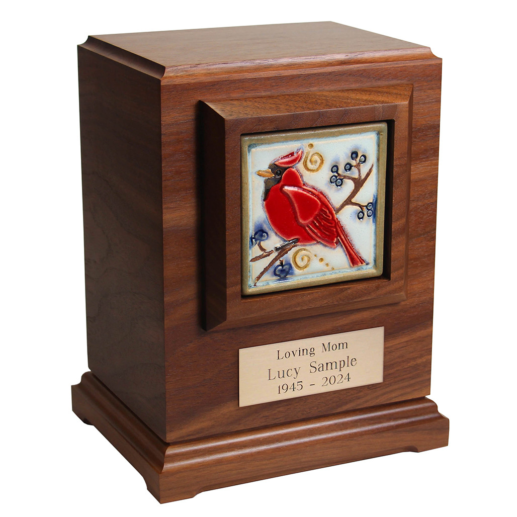 Cardinal Wooden Urn with Handmade Tile | Walnut Urn for Ashes