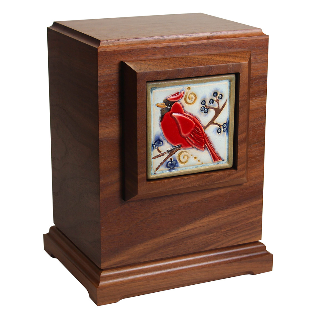 Cardinal Wooden Urn with Handmade Tile | Walnut Urn for Ashes