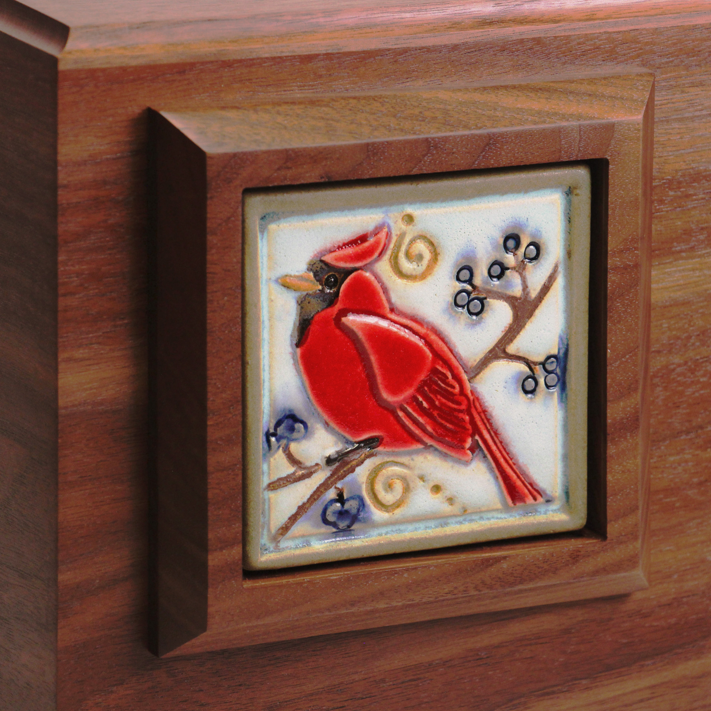 Cardinal Wooden Urn with Handmade Tile | Walnut Urn for Ashes
