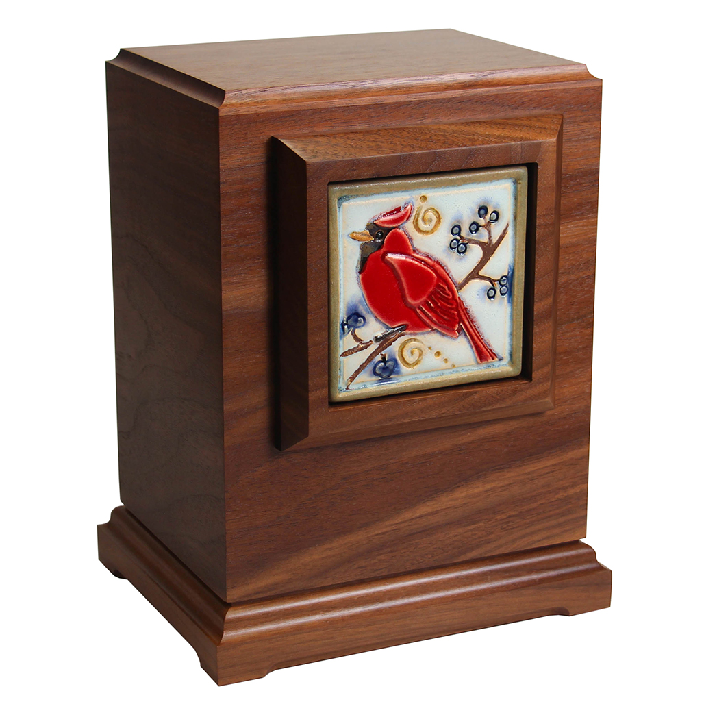 Cardinal Wooden Urn with Handmade Tile | Walnut Urn for Ashes