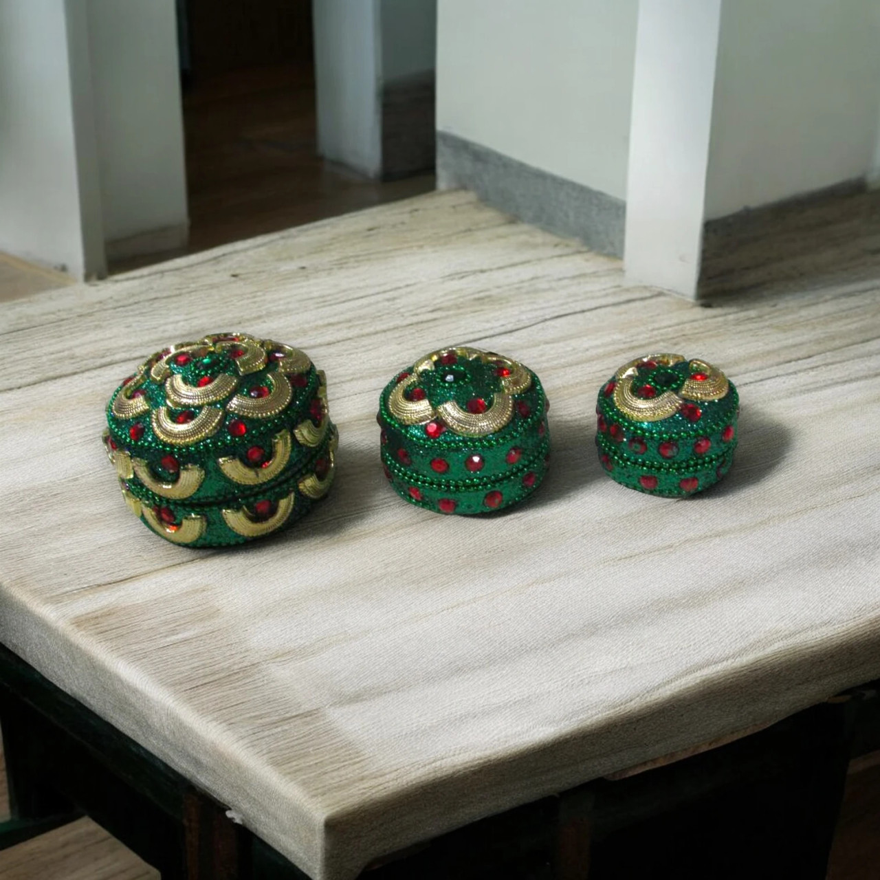 Handmade Round Jewelry Boxes Set of 3pcs - Jeweled Metal Gift Box