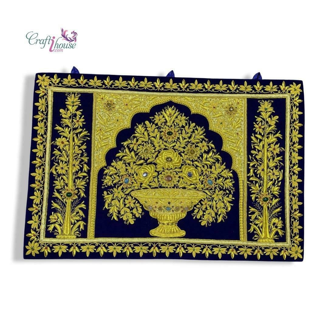 Indian Hand Embroidered Rug with Semi-Precious Stones