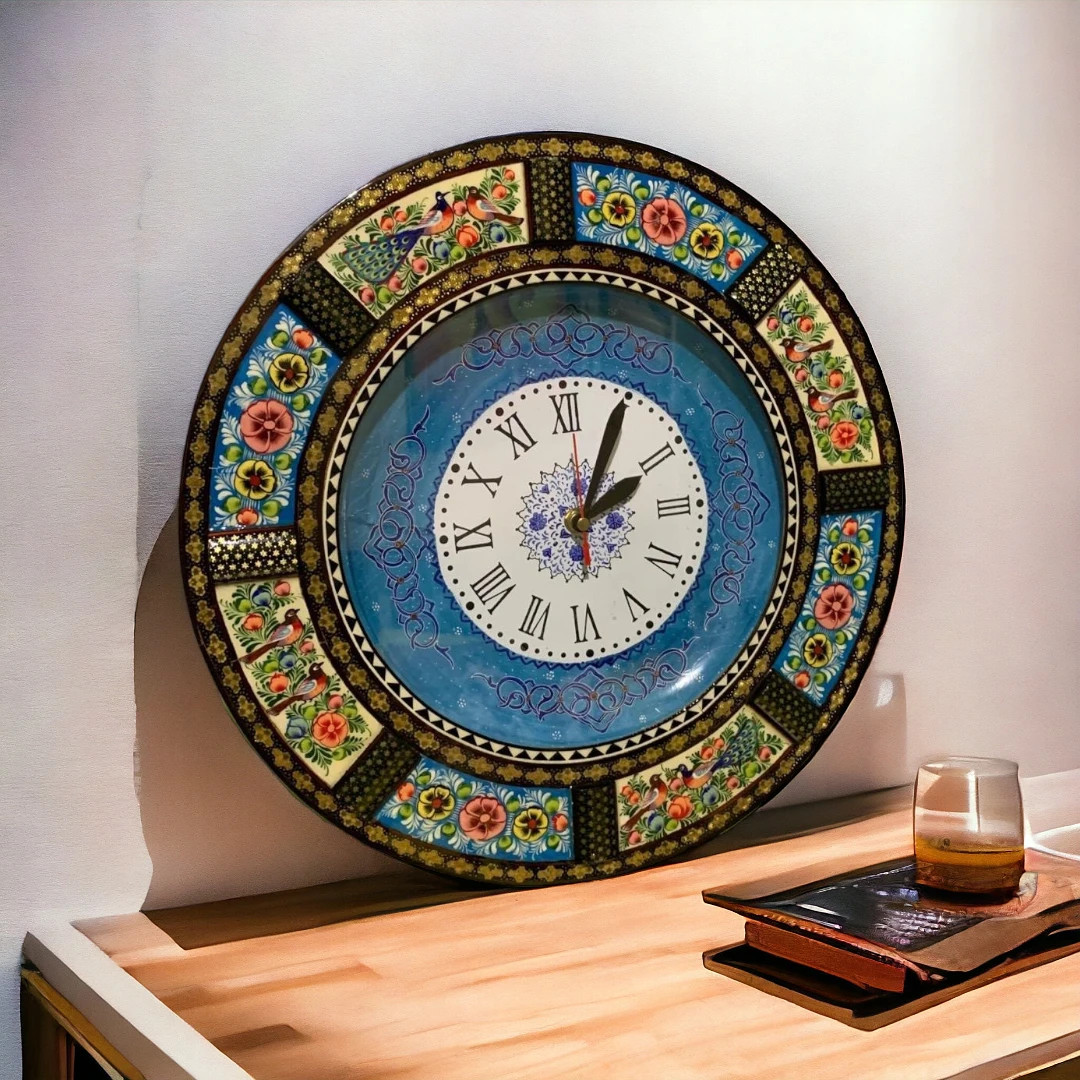Round wooden clock , hand painted Persian clock , gift idea