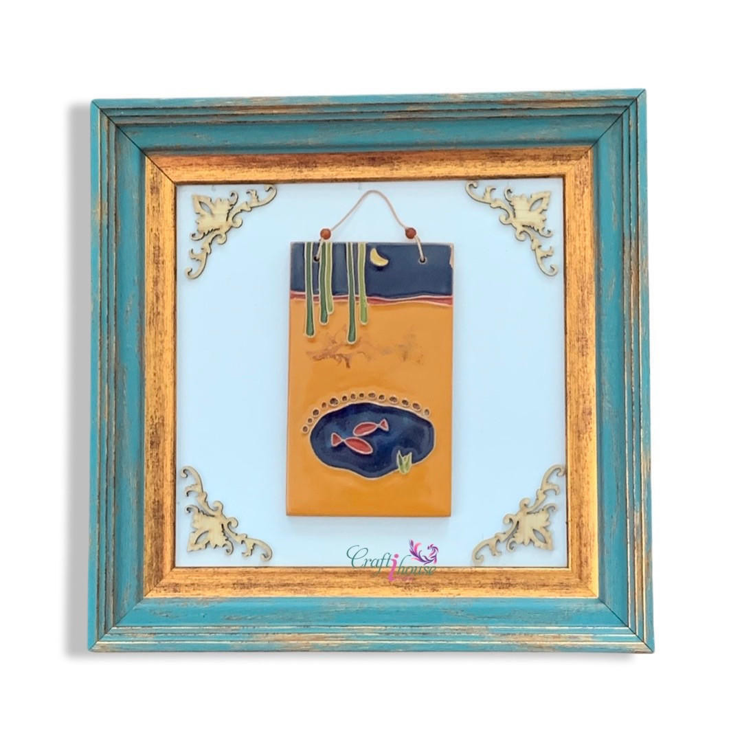 Ceramic tile frame , fish and blue pool ceramic tile