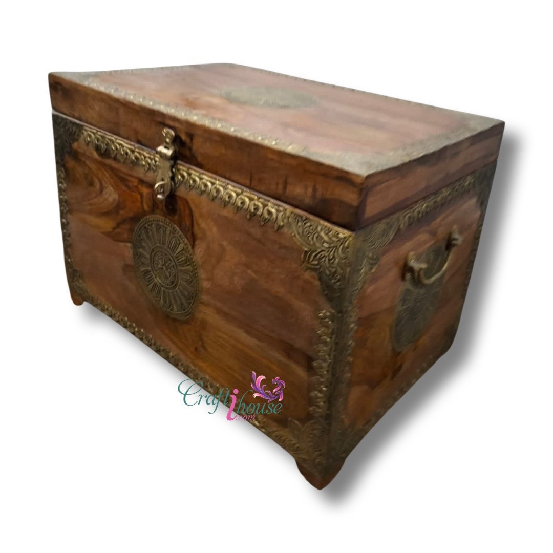 Handmade brass inlaid storage box , solid wood vintage style