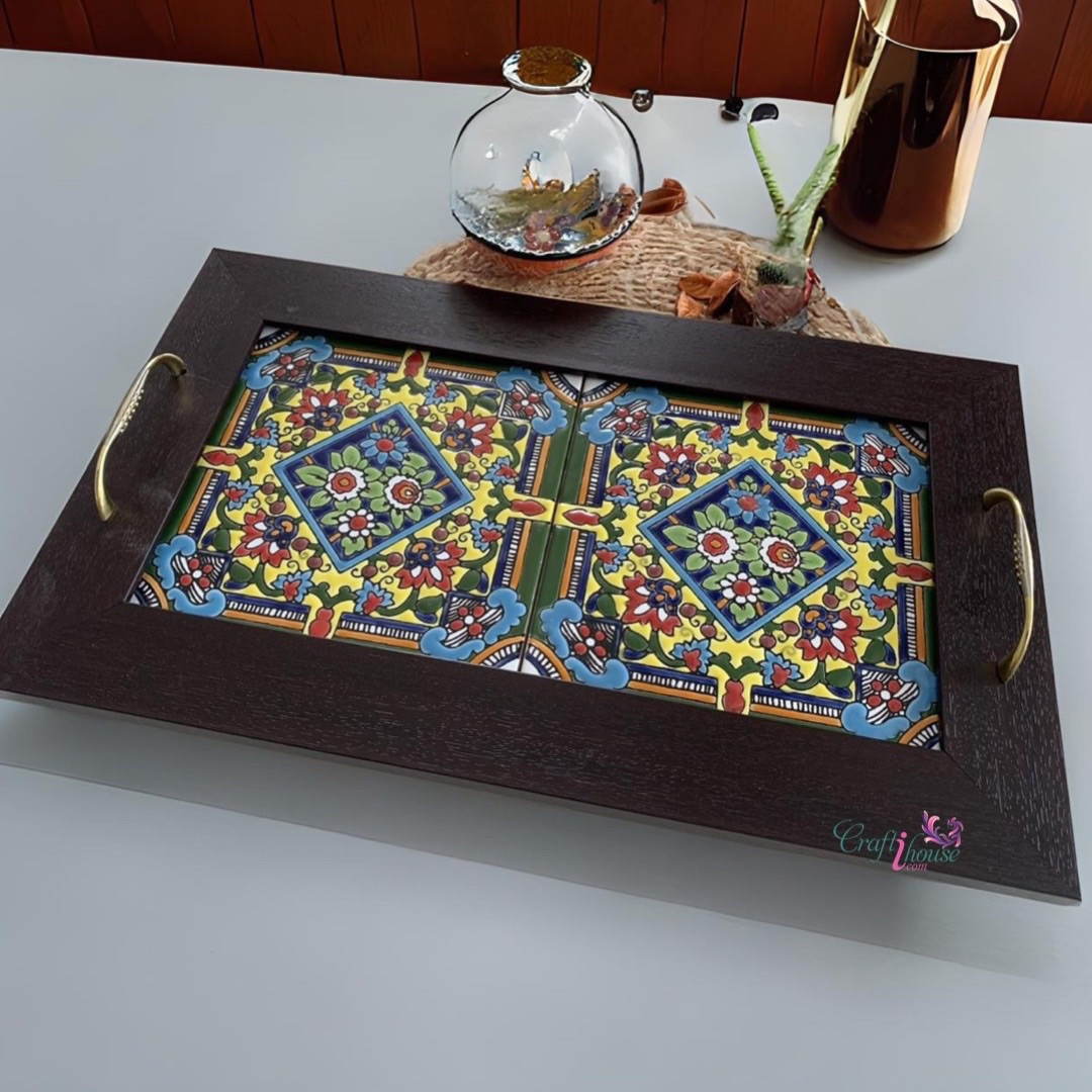 Handmade Gifting tray , Rectangular serving tray with tiles