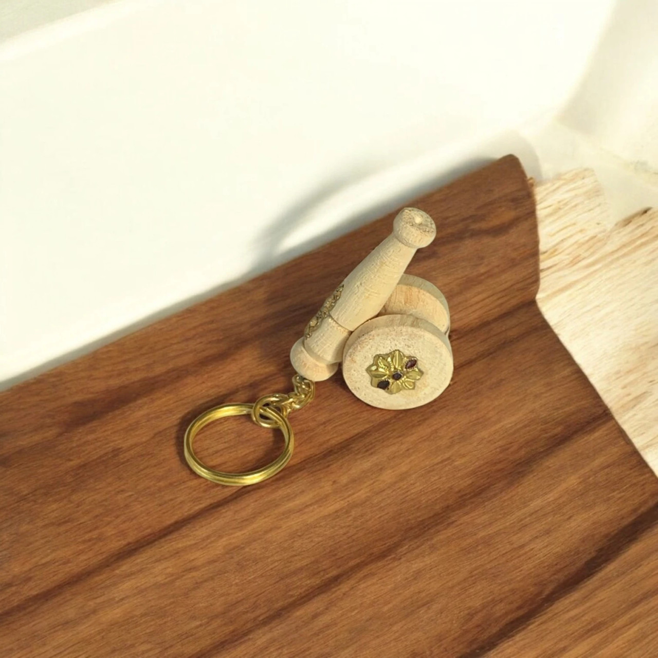 Traditional Wooden Cannon Key Chain - Ornate Brass Travel Souvenir