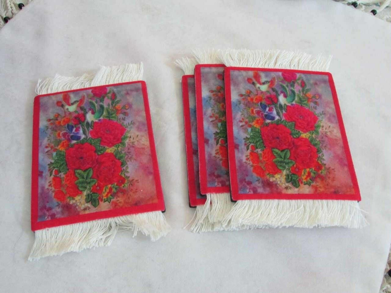 Handmade Red Pattern Miniature Rug Coasters - Set of 4