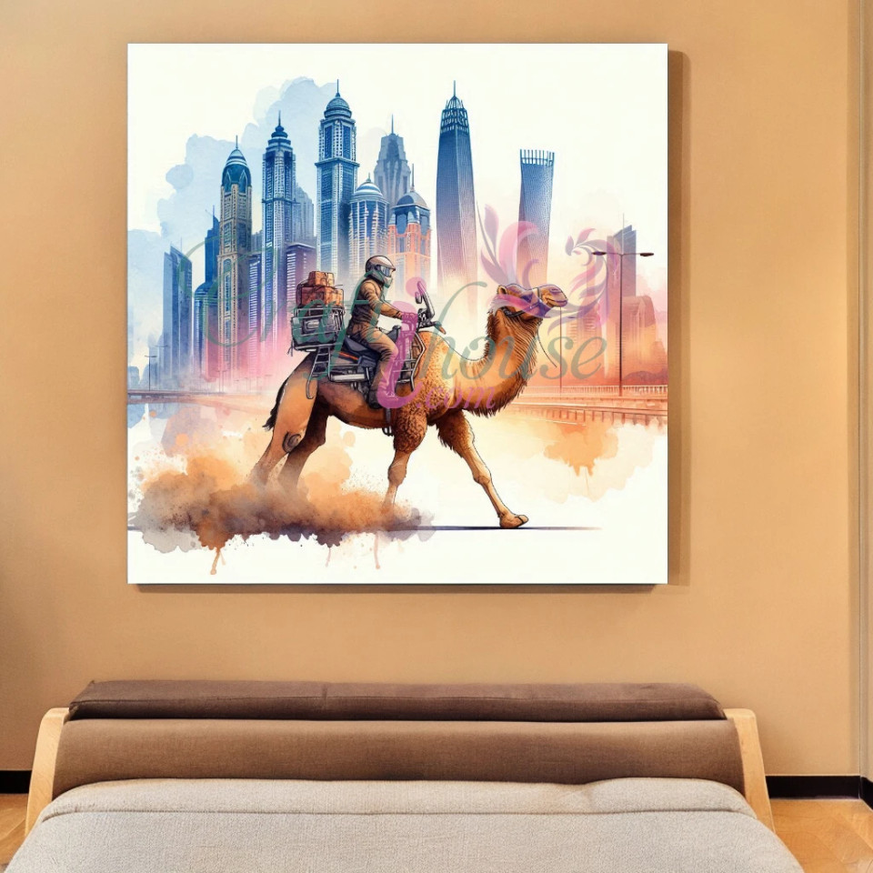Camel and Camel Rider with Helmet Digital Art . Gift
