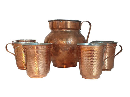 Set of copper jug and 6 copper cups , handmade copper jug