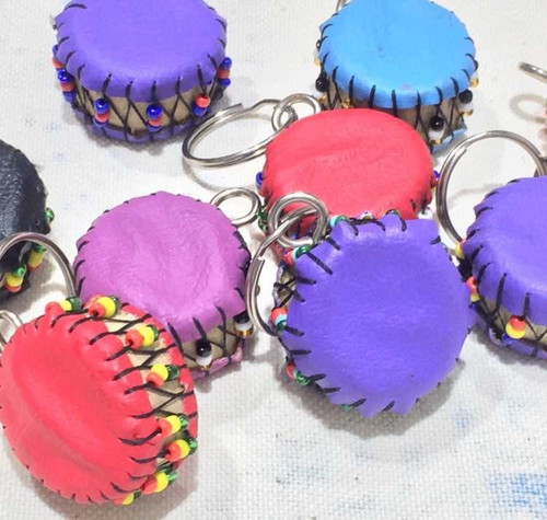 Assorted color wooden-leather Drum key chain , handmade