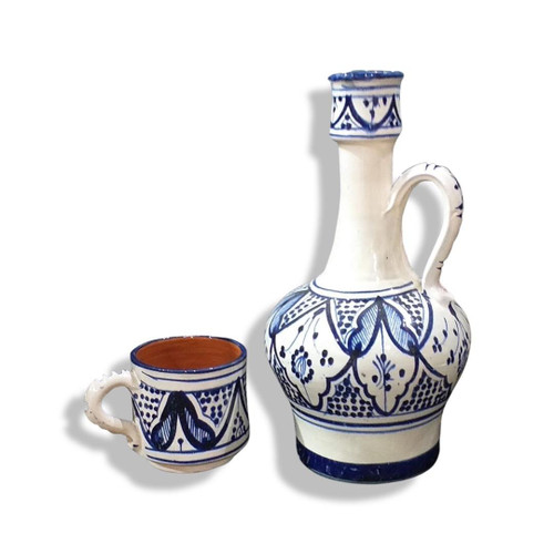 Moroccan ceramic jug and mug ,white and blue pattern ,gift
