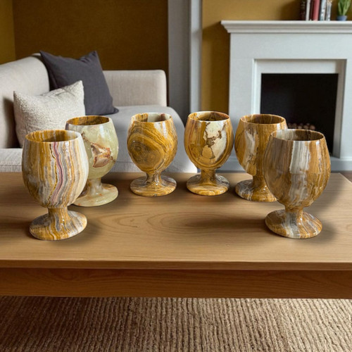 Handmade Onyx Wine Goblets – Set of 6 Multicolor Stone Cups